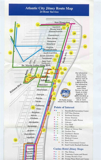 THE ATLANTIC CITY Jitney Brochure Route Map New Jersey 1990's £19.77 ...