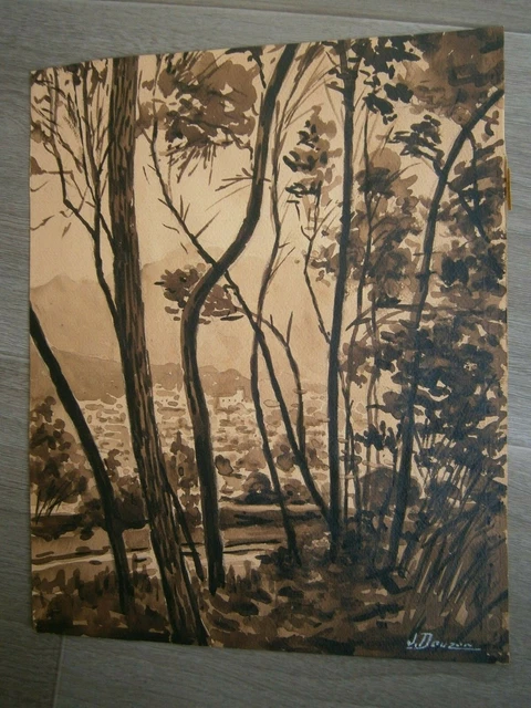 DRAWING ANTIQUE WATERCOLOUR Monochrome " Menton View Of Wood ...