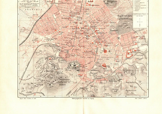 ATENE, GRECIA, ANTICA mappa storica, litografia intorno al 1900 (K112) EUR 11,50 - PicClick IT