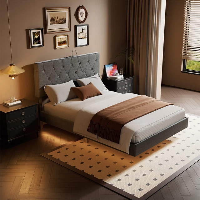 UPHOLSTERED PLATFORM BEDS，MODERN 4ft6 Double Size FLOATING Bed Frame w ...