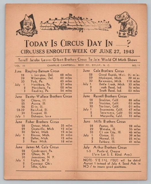 1943 WW2 VINTAGE CIRCUS ROUTE CARD Sheet RINGLING BARNUM Fisher COLE 1943-ww2-vintage-circus-route-card-sheet-ringling-barnum-fisher-cole