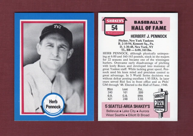 #54 HERB PENNOCK, Yankees/Red Sox/A's| Shakeys Pizza Baseball's Hall of ...