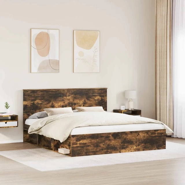 BED FRAME SMOKED Oak 200 x 200 cm Solid Pine Wood vidaXL £391.66 ...