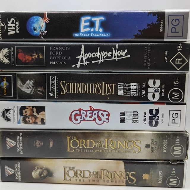 VHS 6 MOVIES: Grease Lord of the Rings E.T Apocalypse Now Schindler's ...