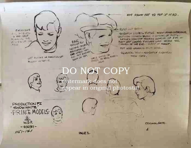 ORIGINAL DISNEY PHOTOSTAT Model Sheet - Snow White Prince Head Only ...
