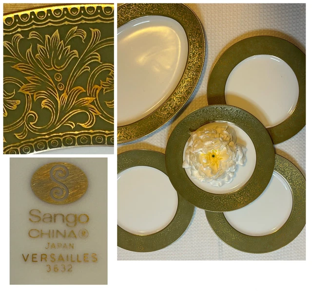 SANGO CHINA VERSAILLES #3632 Green Gold Trim 4 Dinner Plates & 1 ...