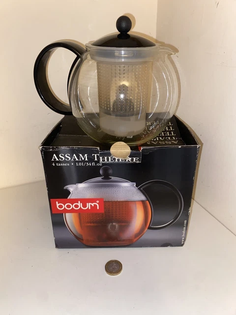 UNUSED BODUM ASSAM 1-litre glass infuser tea press teapot black handle ...
