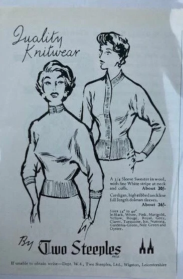 ORIGINAL VINTAGE SMALL Fashion Advert 1950's Two Steeples Knitwear ...