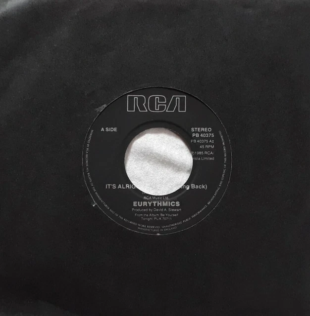 EURYTHMICS-IT'S ALRIGHT (BABY'S Coming Back) Vinyl 7" Single.1985 RCA ...