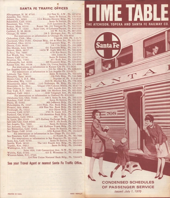 VINTAGE JULY 1 1970 Santa Fe Railway Railroad Timetable Schedule ...