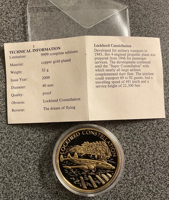 LOCKHEED CONSTELLAT,MILESTONE OF FLIGHT, 24ct GOLD PLATED PROOF COIN.40 ...