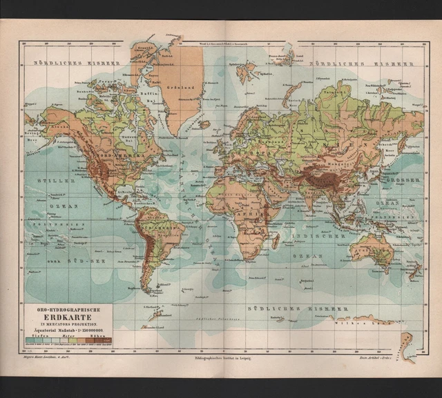 MAPPA 1889: MAPPA TERRA MERCATOR PROIEZIONE. Altitudine terra oceano profondo vulcano EUR 14,99 ...