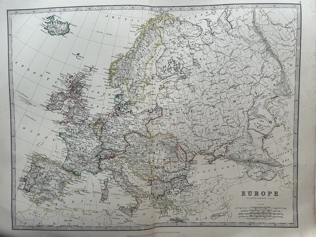 1884 EUROPE HAND Coloured Original Antique Map by Johnston £19.99 ...