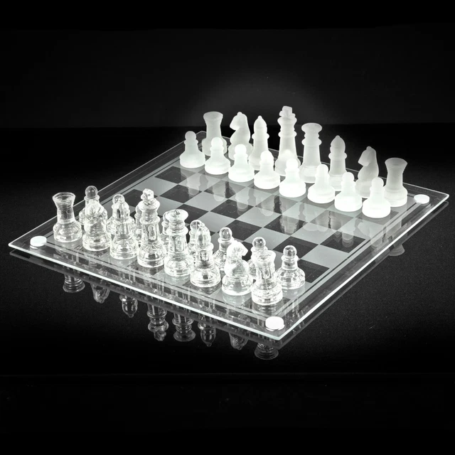 25CM LARGE CLASSIC Glass Chess Board Set Clear & Frosted Pieces Game ...