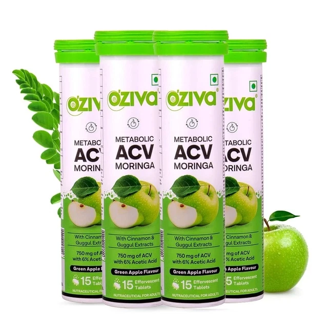 4 X OZIVA ACV Moringa 15 Effervescent Tablets-Green Apple 60 tab ...