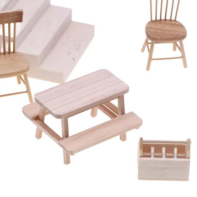 DOLLHOUSE MINIATURE SIMULATION Mini Wooden One-piece Table Chair ...