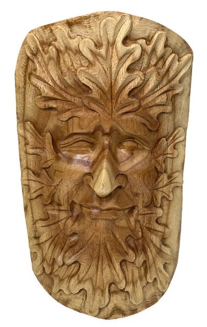 GREEN TREE PEOPLE Man Leaves Face Carved Stump Wood Art Sculpture Peace ...
