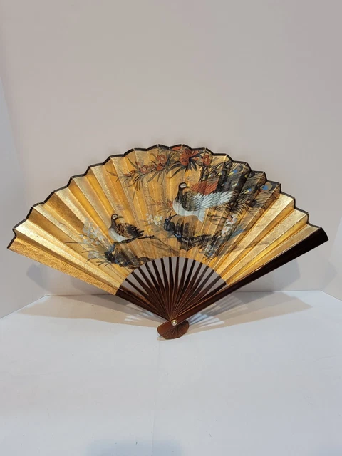 VINTAGE ASIAN CHINESE Folding Hand Fan Hand Painted Bird Flowers Gold ...