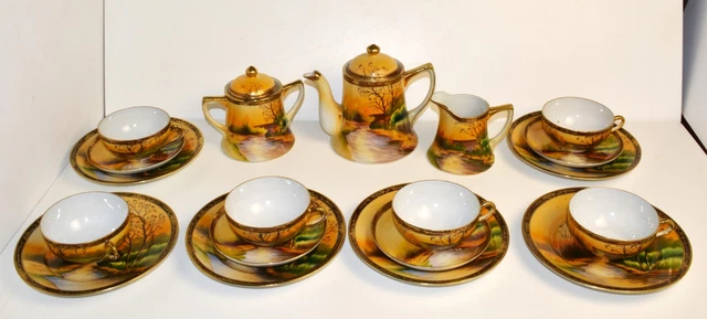 VTG 30S JAPAN Superfine China Hand Painted LANDSCAPE Scene 15 Pc Tea ...