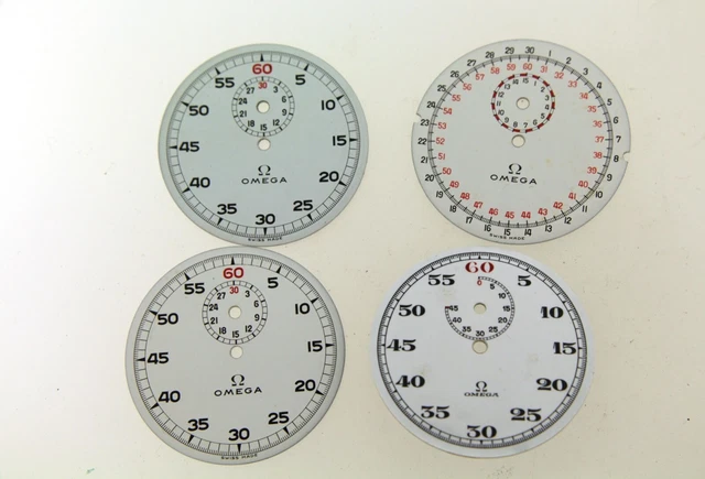 FOUR VINTAGE OMEGA chronograph / stopwatch dials 3 metal, 1 enamel £10. ...