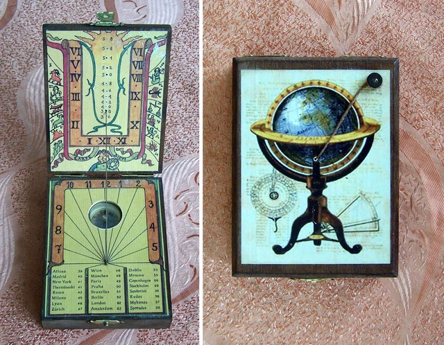 RARE ANTIQUE WOOD FOLDING SUNDIAL with COMPASS. Solar Sun watch clock ...