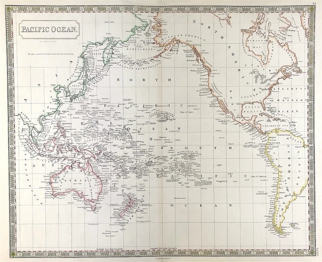 PACIFIC OCEAN MAP by Sidney Hall General Atlas, original wash colour ...