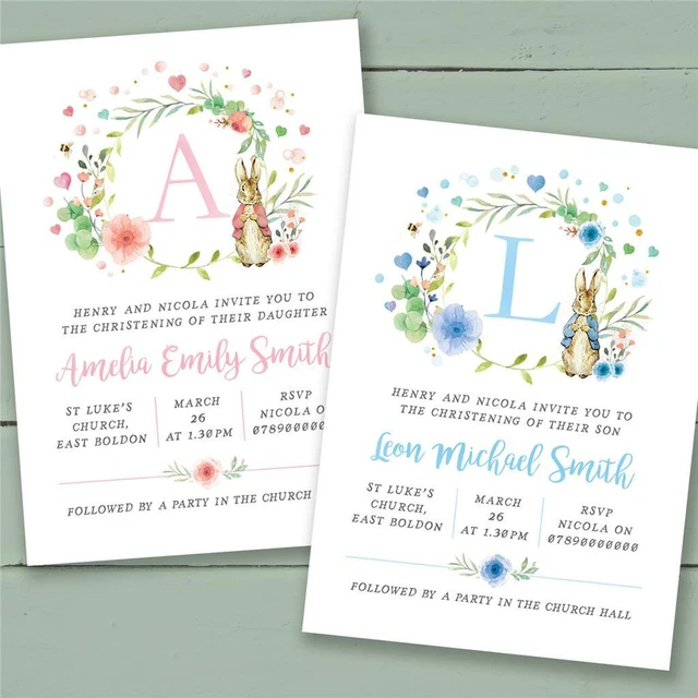 40 PETER RABBIT personalised christening invitations baptism naming day ...