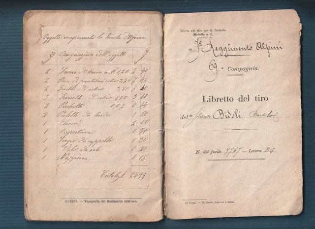 7° RGT. ALPINI, Libretto Personale, Btg. Gemona, 69^ Cmp., Cl. 1866 ...