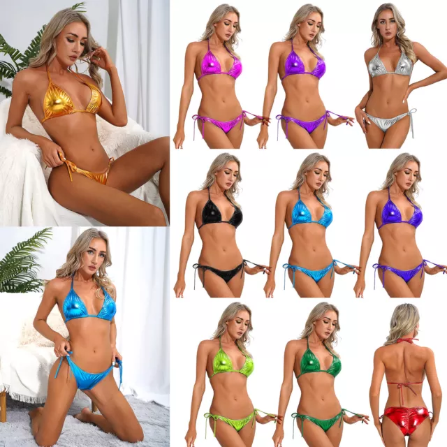 Womens Metallic Bikini Swimwear Set Halter Bra Top Briefs Sexy Lingerie