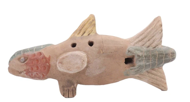 ANTIQUE EARLY 1900S Mexican Folk Art Ceramic Clay Fish Flute Musical ...