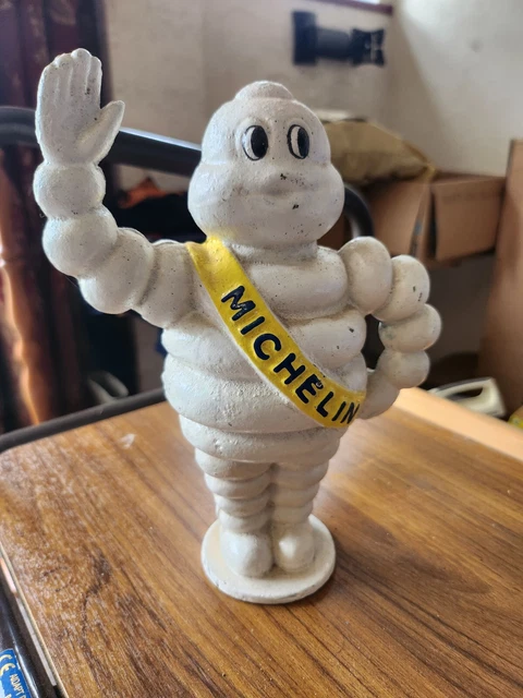 VINTAGE CAST IRON Michelin Man Waving Collectable Advertising Money Box ...