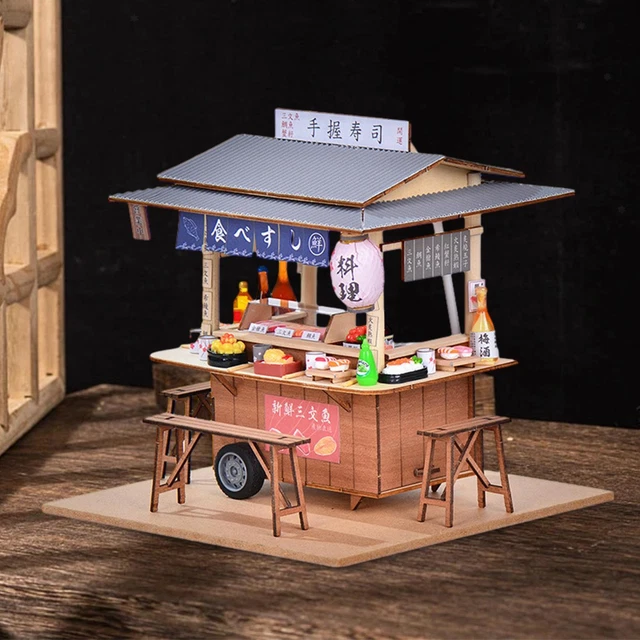 MINI SUSHI SHOP Model Wooden Miniature Food Play Scene DIY Dollhouse ...