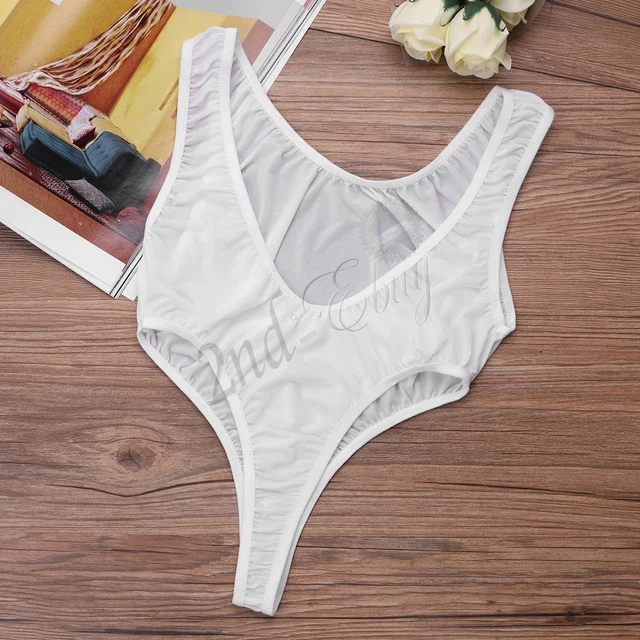 WOMENS SHEER SEE-THROUGH High Cut Thong Leotard Backless Bodysuit ...