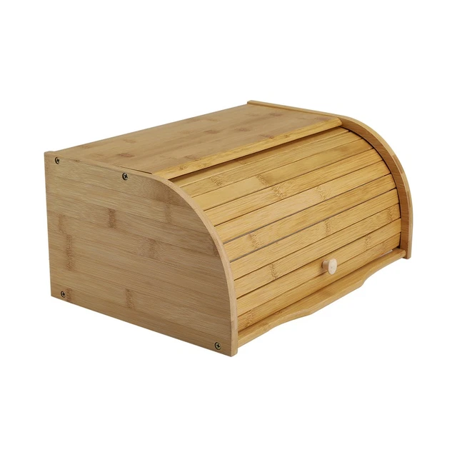 15 INCH BAMBOO Wood Bread Bin Roll Top Food Storage Container Box Food ...