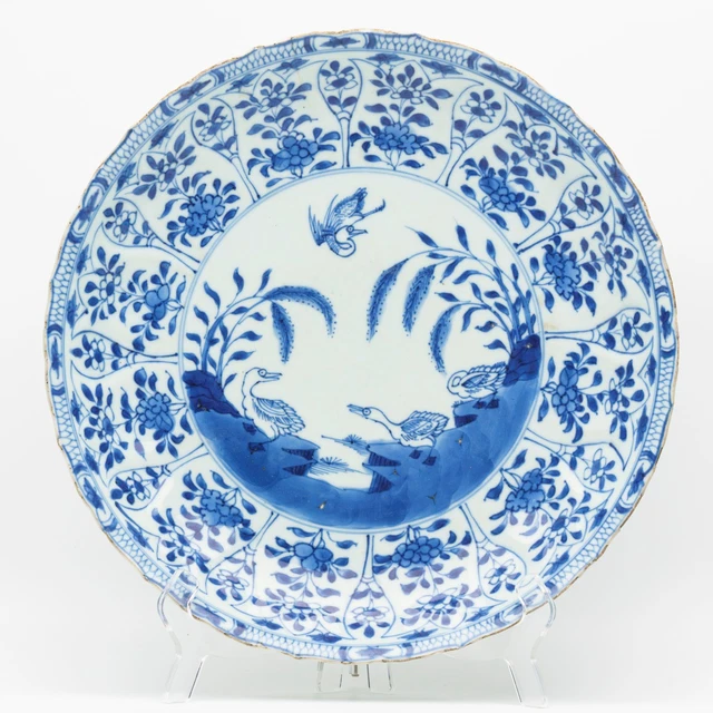 CHINESE KANGXI PORCELAIN Plate Blue White Geese Crane Relief Border ...