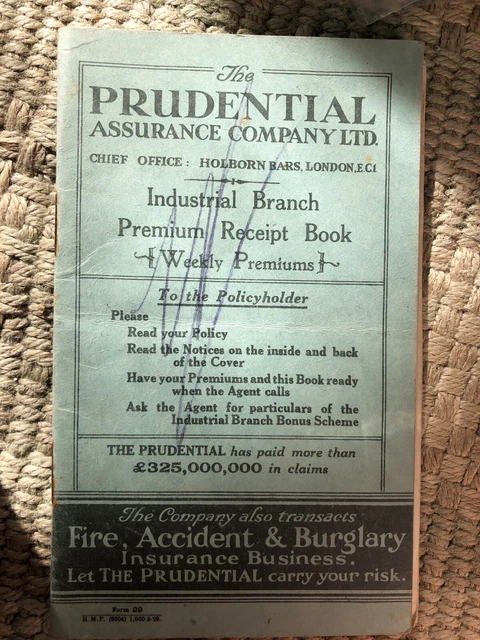1930 PRUDENTIAL ASSURANCE Industrial Branch Premium Receipt Book £3.10 ...