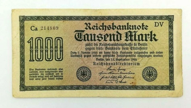 BANKNOTES REICHSBANKNOTE 1000 Marcos 1922 Papiermark Germany ...
