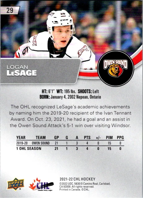 2021-22 UD CHL Blue Epack Parallel Logan LeSage Owen Sound Attack #29 $10.00 - PicClick CA