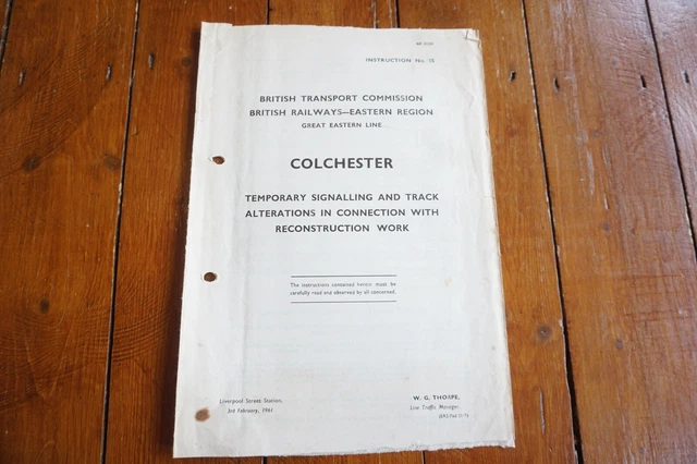 1961 COLCHESTER SIGNAL Box Railway Signalling Diagram Notice Eastern ...