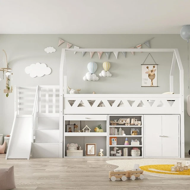 KIDS CABIN BED Slide Stairs Storage Drawers Wardrobe Loft Bunk Frame £ ...