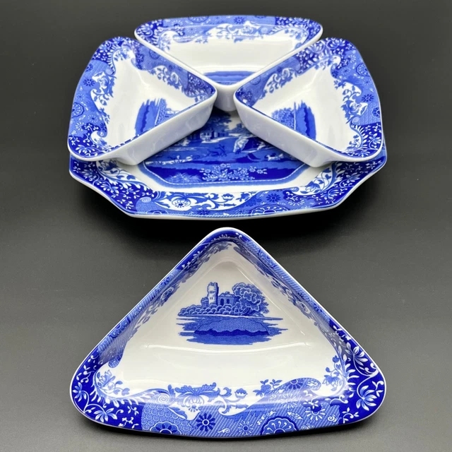 SPODE BLUE ITALIAN 5pc Appetizer Serving Set Plate & Triangular Condiment Dishes £66.82 ...