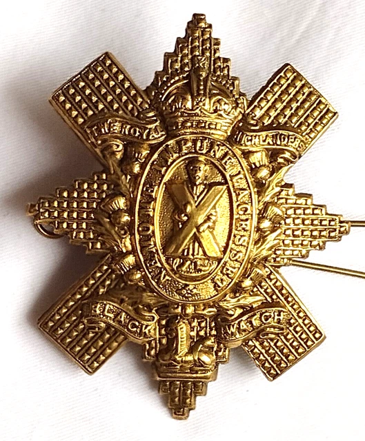 WW1 ROYAL HIGHLANDER Black Watch Cap Badge KC 1916 Era All Brass Curved ...