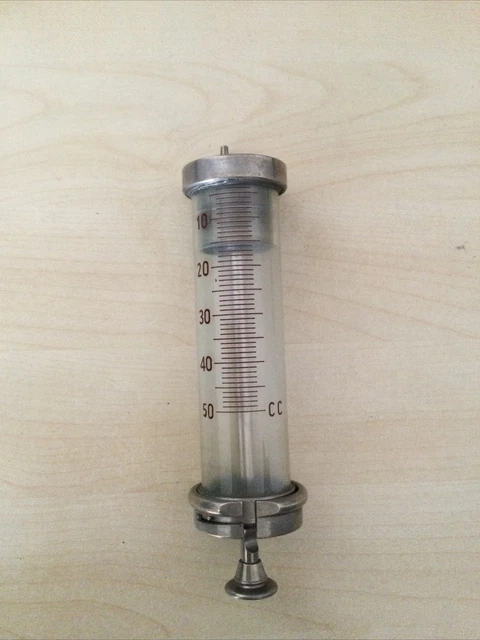 VINTAGE STEEL AND glass 50cc syringe in excellent condition £15.99 ...