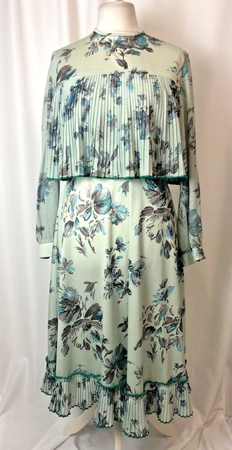 ABITO VINTAGE 1970 Riddella verde zecca floreale a pieghe midi manica ...