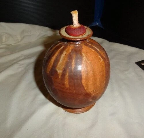 CERAMIC STUDIO ART Pottery Stoneware Ball Wick Oil Lamp Signed 6" x 4 ...