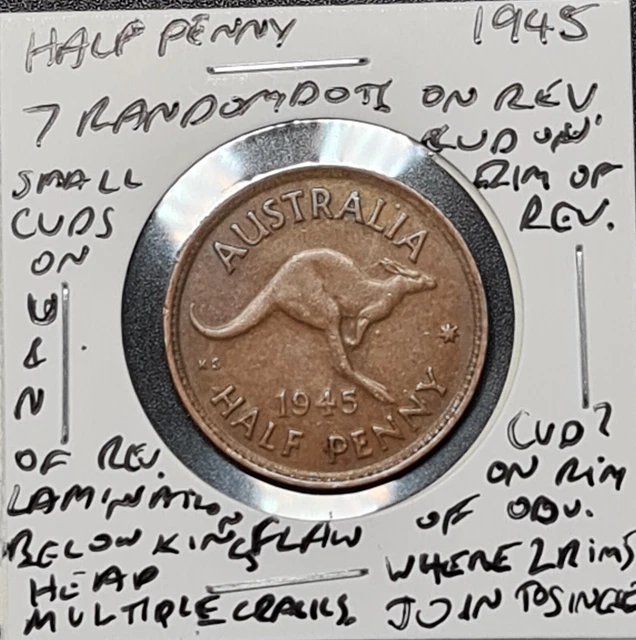 1945 AUSTRALIAN HALF PENNY - Mulitlple Error Variety with 7 Dots - Rare ...