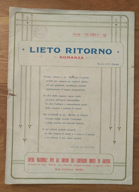 SPARTITO MUSICALE - serie "GLORIA" Q - LIETO RITORNO romanza - F. Corbo ...
