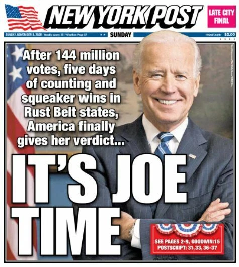 NEW YORK POST Newspaper It's Joe Time Bliss To Abyss 11/8/20 $12.43 ...