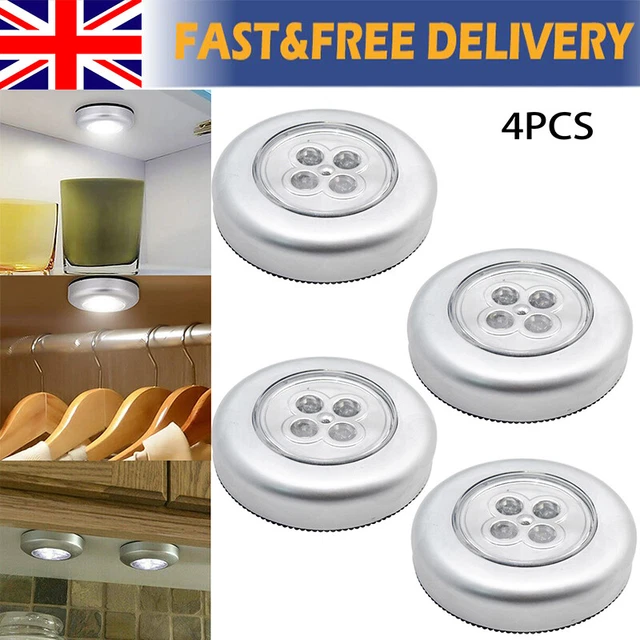 SELF-STICK ON PUSH Button Light 4 LED Touch Battery Powered Cabinet ...