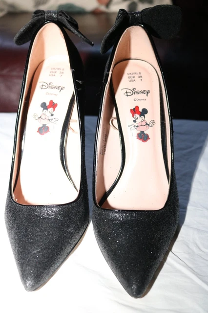 STUNNING BLACK GLITTER Disney Minnie Mouse court shoes, size UK 5 EU 38 ...